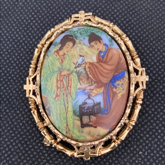 ART | Jewelry | Vintage Gold Framed Brooch With Japanese Scene With ...